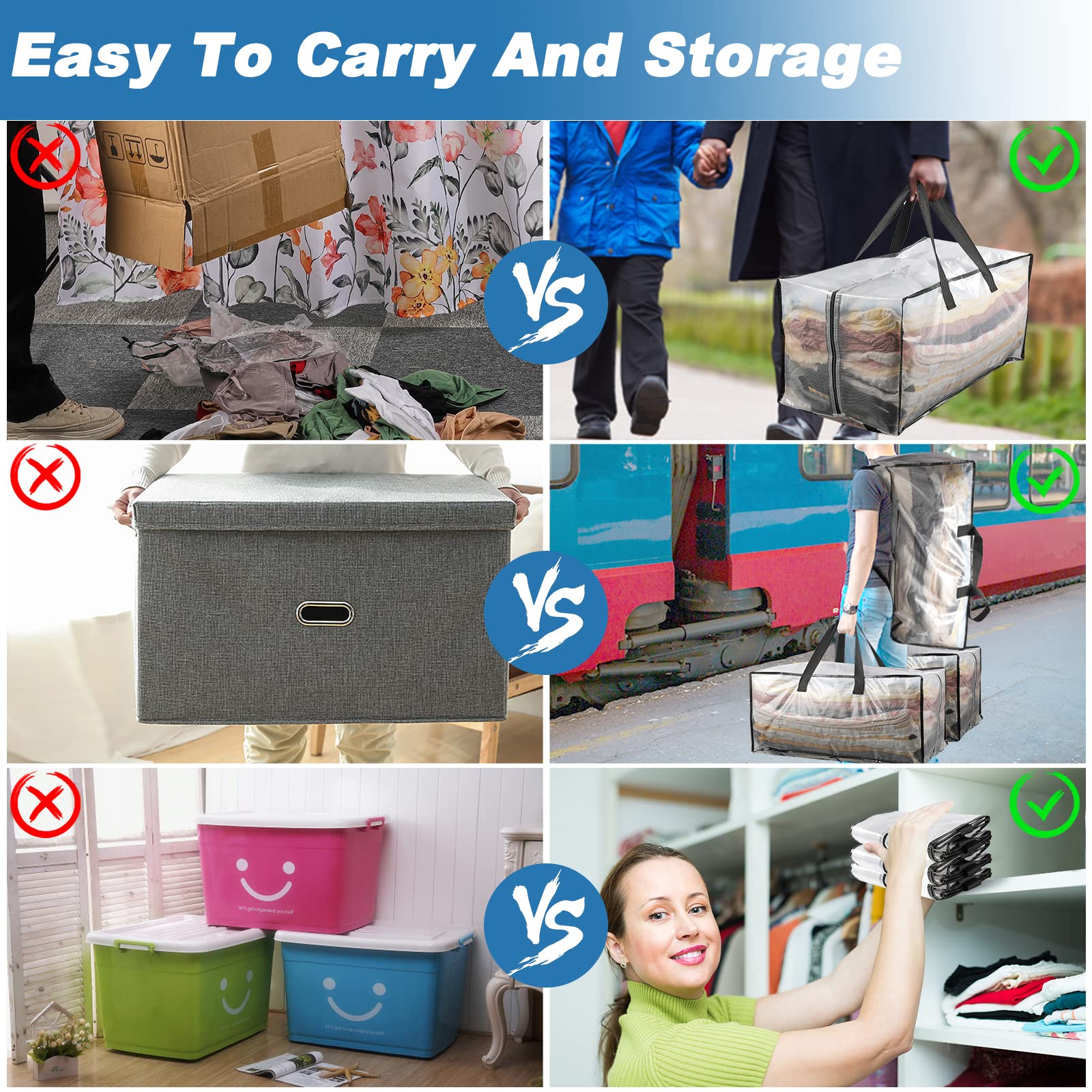 Rihim Moving Bags 90L - 4 Clear Heavy Duty Extra Large Storage Bags for Clothes - Packing Bags with Backpack Straps Strong Handles Zippers - College Travelling Christmas Storage Moving Totes