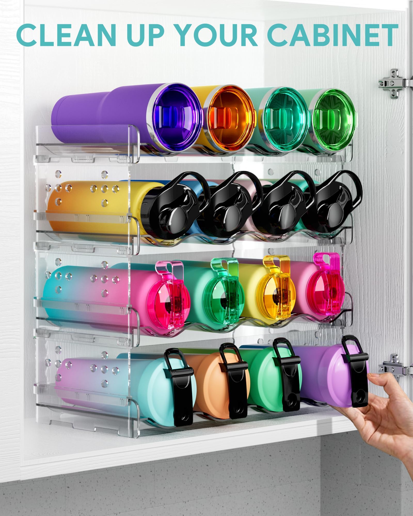 4 Tier Water Bottle Organizer - 16 Bottles, Stackable Cup Organizer for Cabinet, Countertop, Pantry & Fridge, Free-Standing Kitchen Tumbler Storage Holder for Wine and Drink Bottles, Clear Plastic