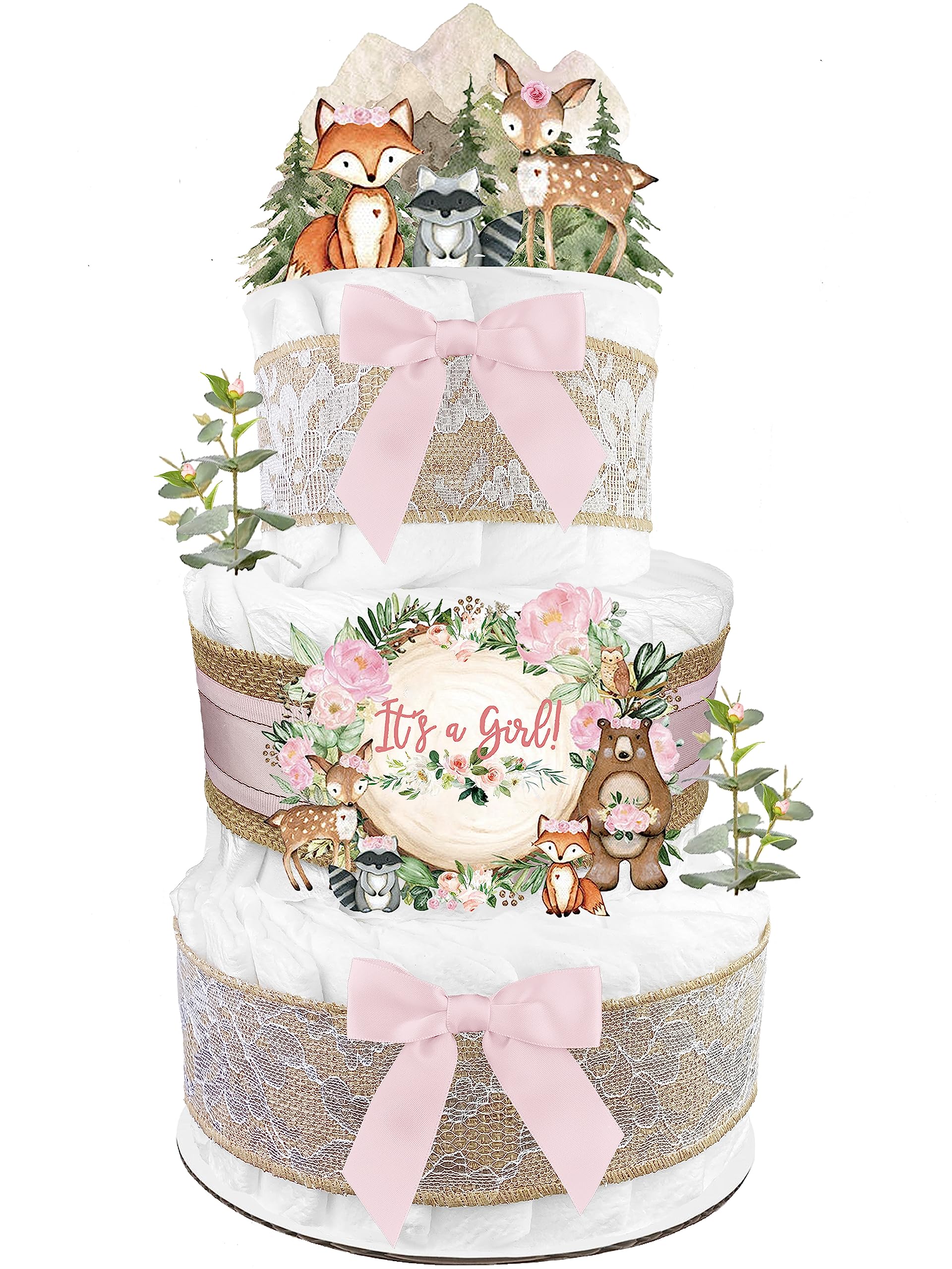 Woodland Creatures Diaper Cake - Girl Baby Gift - Burlap Pink and Sage Green