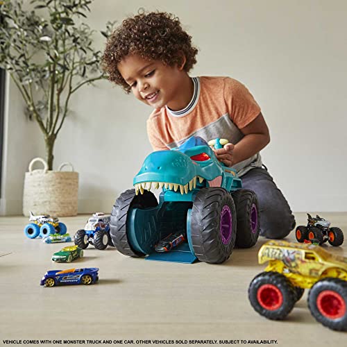 Hot Wheels Monster Trucks Car Chompin' MEGA-Wrex, Large Toy Monster Truck & 1:64 Scale Toy Car, "Eats" & "Poops" 1:64 Scale Vehicles