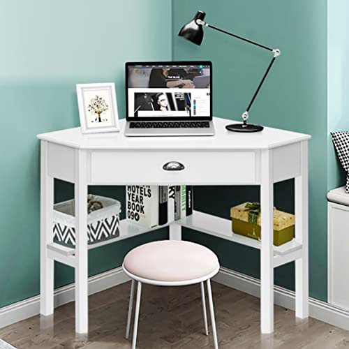 Tangkula White Corner Desk, Corner Computer Desk with Drawer for Small Space, Small Corner Makeup Vanity Desk, 90 Degrees Triangle Corner Desk with Storage Shelves