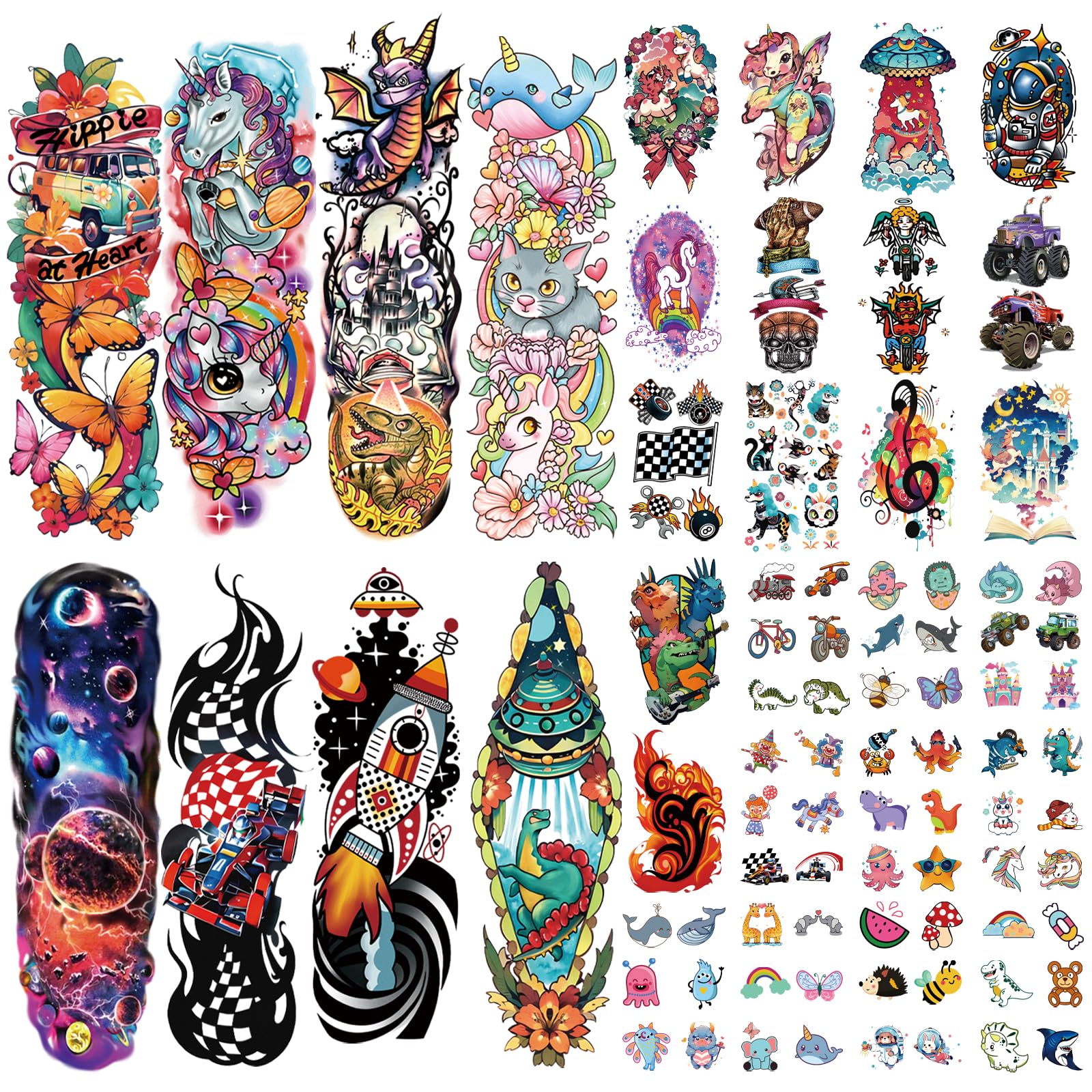 52 PCS Kids Full Arm Temporary Tattoo, Fake Tattoos for Kids, Rocket Car Dinosaur Planet Astronaut Tattoo for Boy, Dolphin Castle Cat Body Arm Tattoos Stickers for Girl, Party Supplies Gifts for Kids