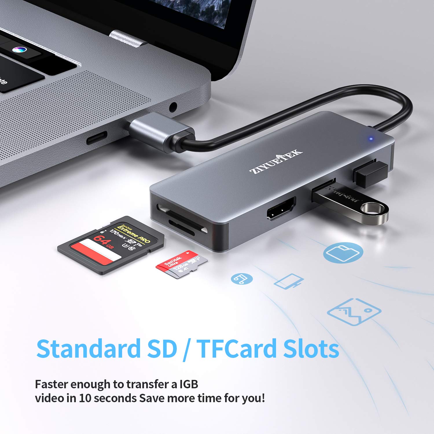 USB to HDMI Adapter, 5-in-1 USB hub 3.0 with HDMI 1080p for Extended Monitor PC Laptop Desktop, 2 USB Ports, SD and Micro SD Card Reader Support Windows, MACOS