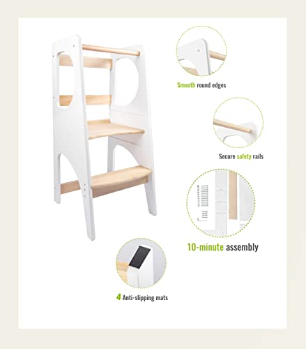 EKOUPLUS Wooden Step Stool for Kids, Premium Adjustable Height Toddler Stool Kids Step Stool with Handle and Safety Rail, Perfect for Kitchen, Bathroom and Bedroom