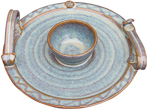 Castle Arch Pottery Handmade Party Platter with Dip Bowl. 9” Diameter Serving Plate with Celtic Spiral Logo. Original Irish Design Hand-Glazed for Durability and Quality of Finish (Green)