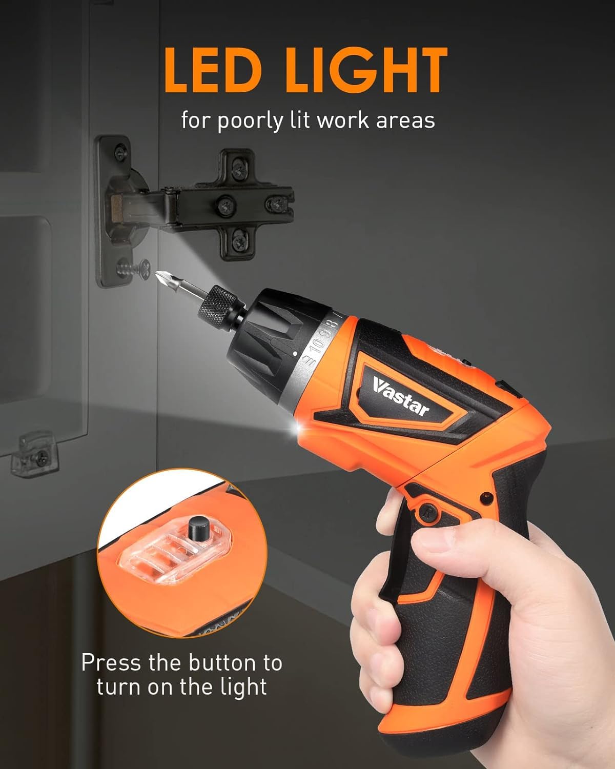 Vastar 7.2V Cordless Screwdriver, Electric Power Screwdriver Set With Rechargeable Battery & Pivoting Handle, 320RPM/10+1 Torque Small Automatic Screw driver Kit with 47Pcs Bits/LED Front Light