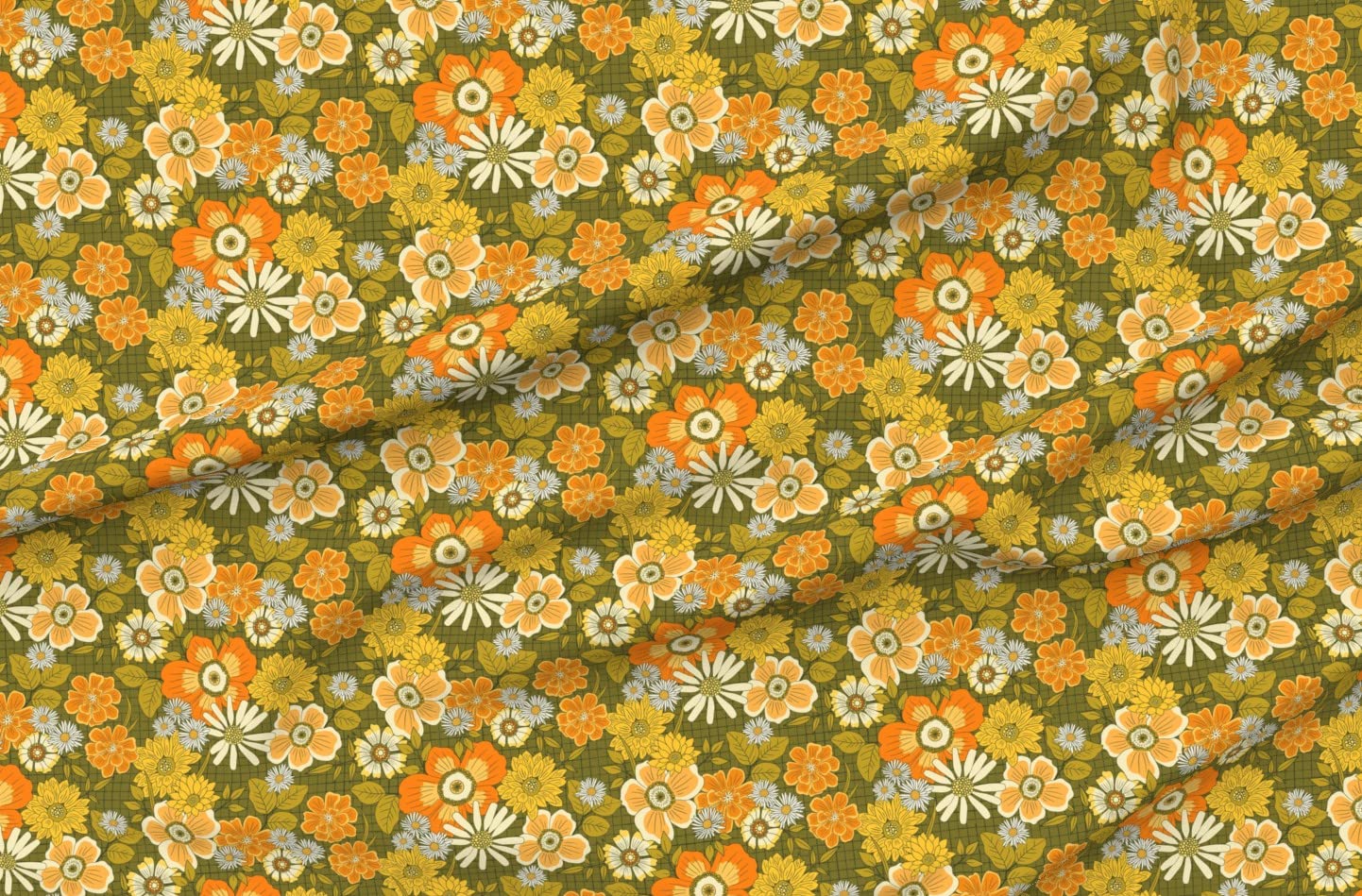 Spoonflower Fabric - 1970S Retro Avocado Green Yellow Hippie Groovy Daisies Flower Power Printed on Polartec(R) Fleece Fabric by The Yard - Sewing Blankets Loungewear and No-Sew Projects