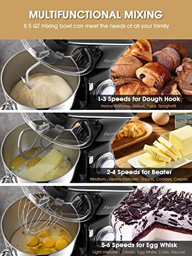 Facelle Stand Mixer, 8.5 Quart Electric Mixer, 660W 6-Speed Tilt-Head Kitchen Electric Food Mixer with Beater, Dough Hook and Wire Whip, Black
