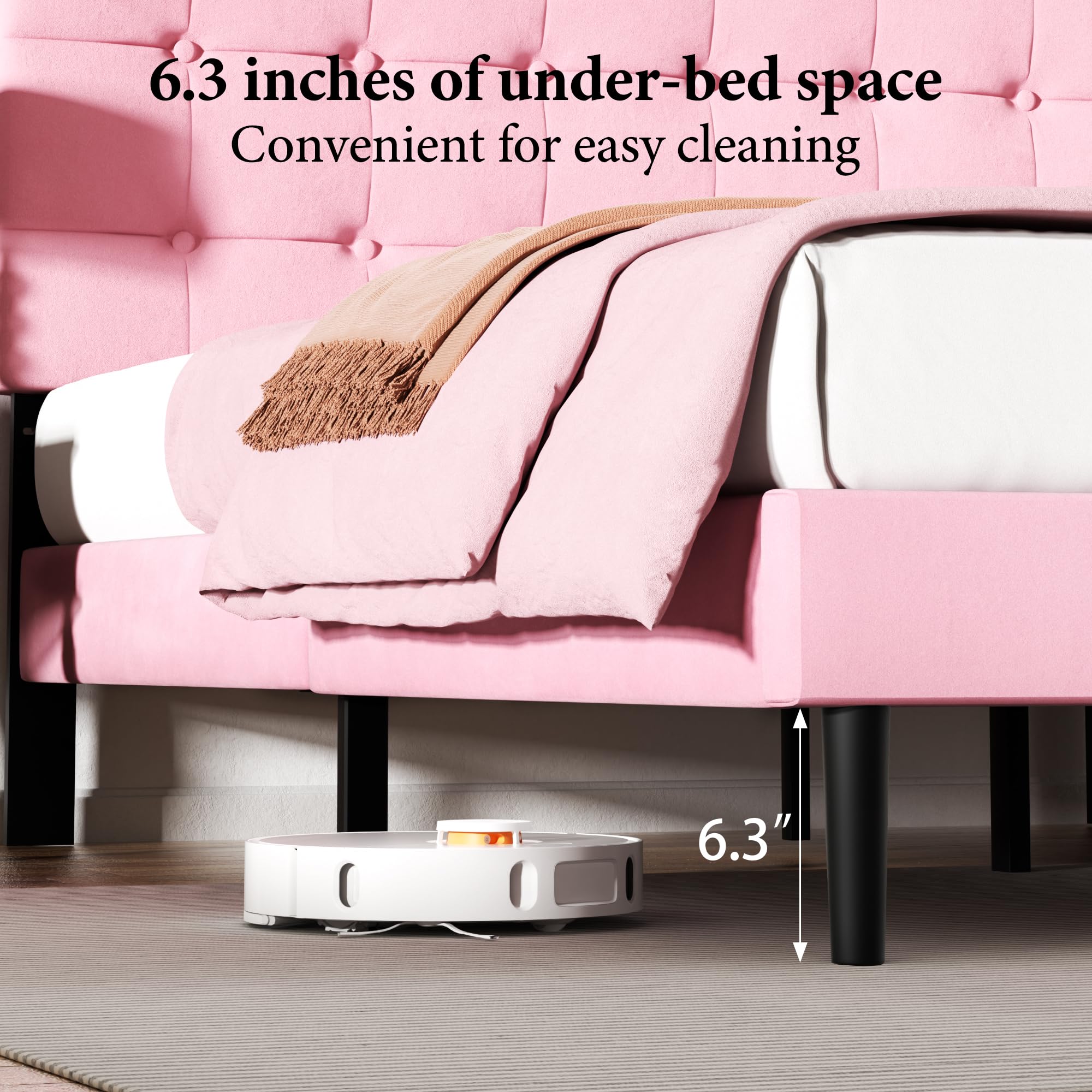 UNIZONE Full Size Bed Frame with Button Tufted Upholstered Headboard, Velvet Platform Bed with Wood Slats Support, Mattress Foundation, No Box Spring Needed, Easy Assembly, Pink