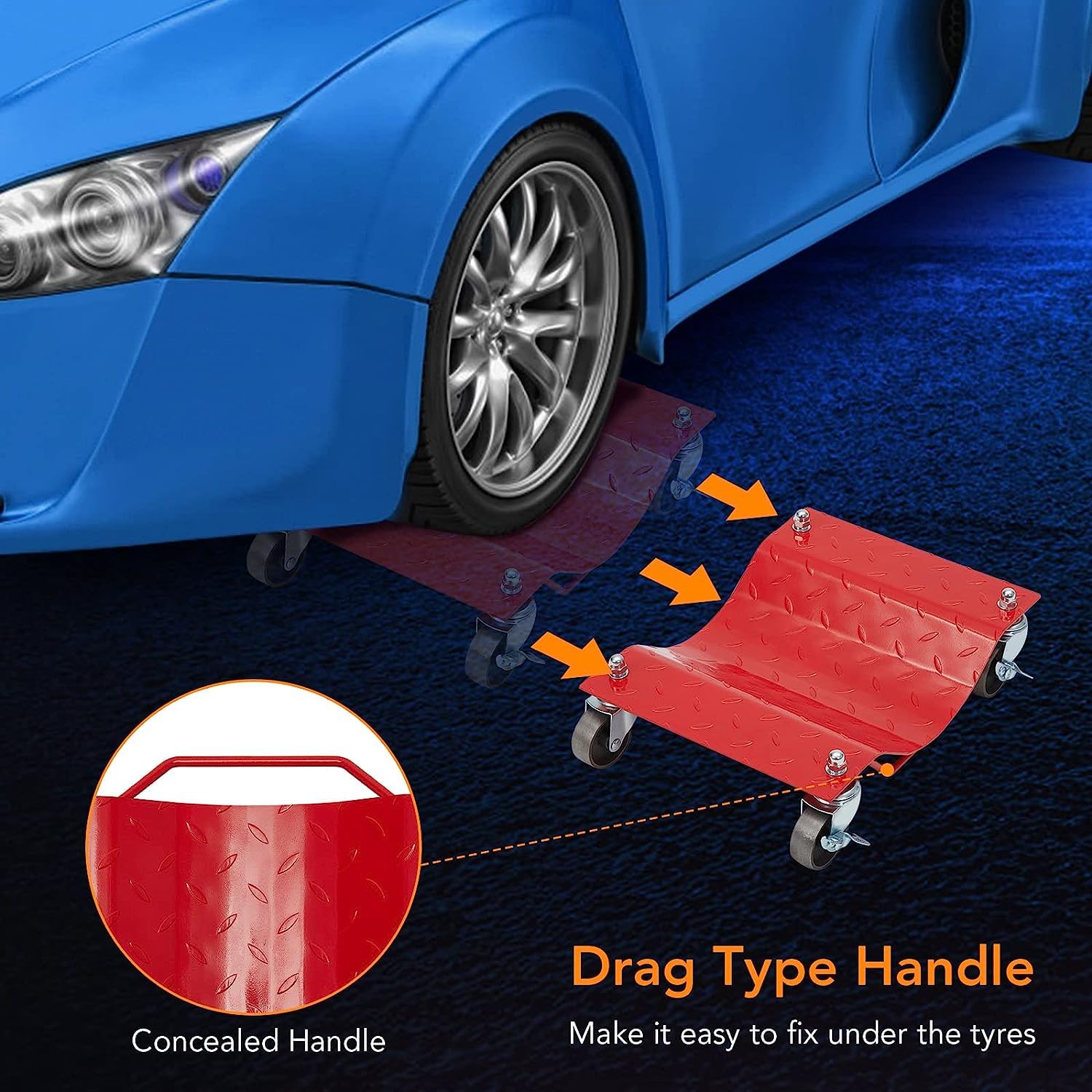 4-Pack Heavy Duty Tire Skates, Premium Car Dolly with 360 Degree Ball Bearing Wheels, 12" x 16" Non-Slip Rubber Surface, 1500 lbs per Skate Capacity Red