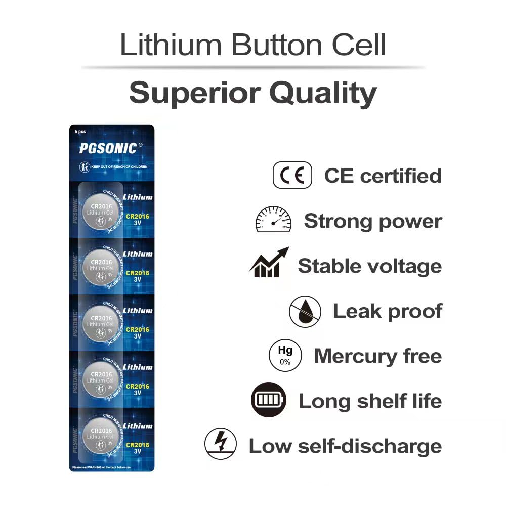 PGSONIC CR2016 3V Lithium Coin Battery (15-Pack), Powerful, Reliable and Leak-Free