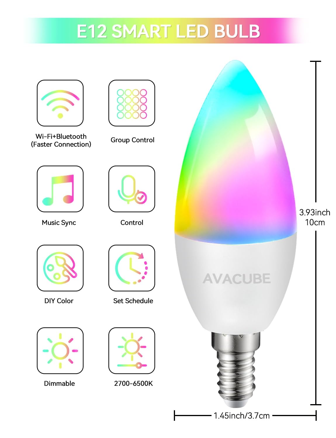 AVACUBE 4 Pack E12 Smart Bulb, WiFi Alexa Candelabra Light Bulbs 5W, Color Changing, Music Sync, Timer Rhythms, Group Control B11 LED Bulbs for Bedroom Living Room Kitchen