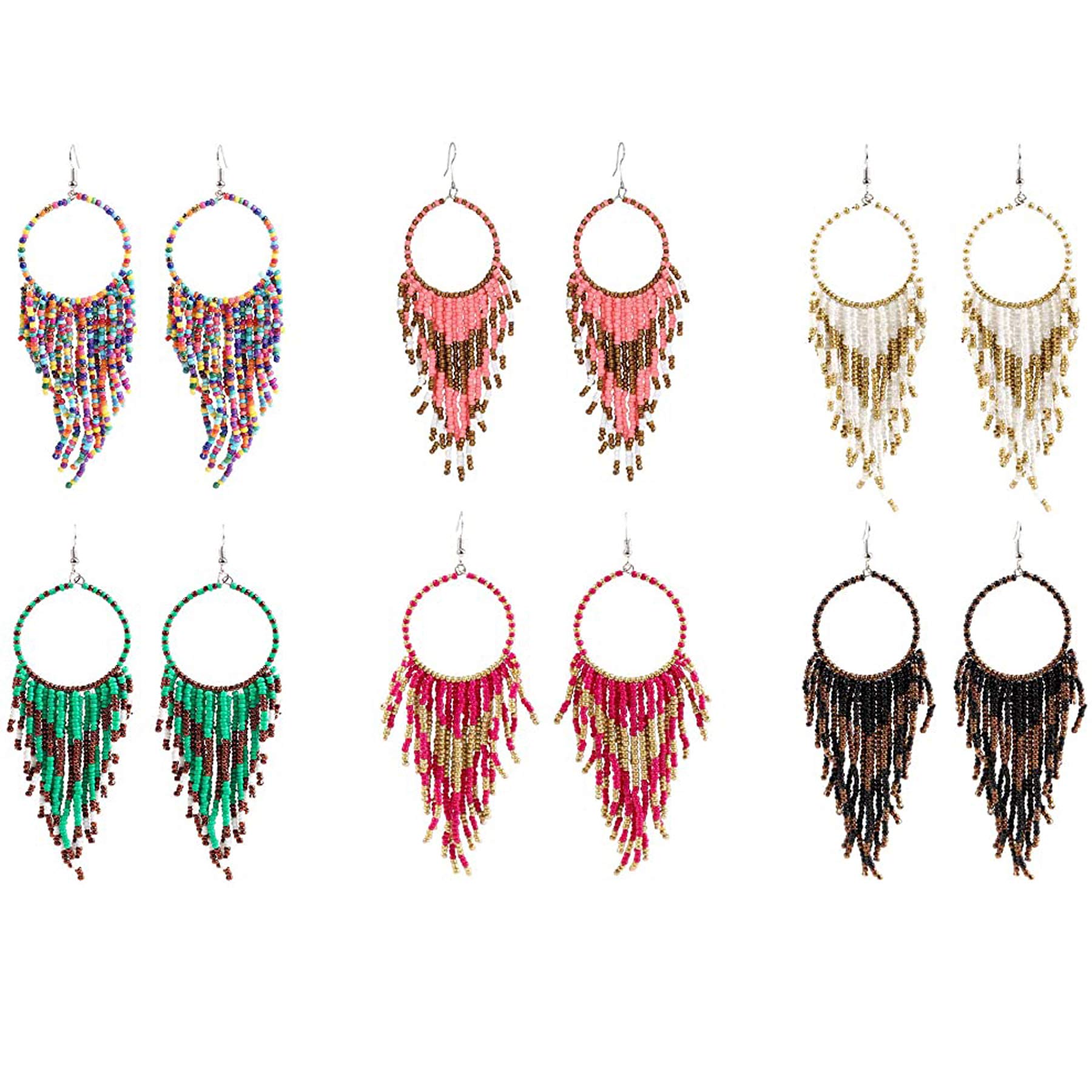 4-6 Pairs Long Beaded Tassel Dangle Earrings Handmade Bohemian Multicolor Statement Seed Beads Drop Earrings for Women (A)