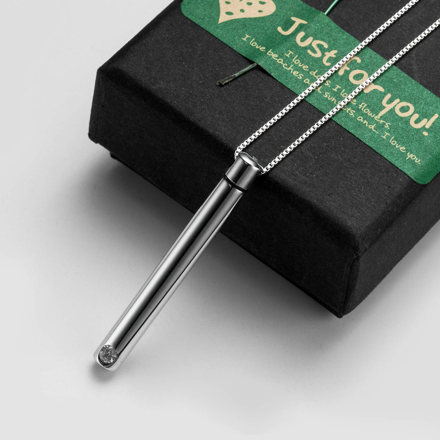 925 Sterling Silver Cubic Zircon Cylinder Vertical Bar Urn Necklace For Ashes, Memorial Ashes Vial Pendant Necklace, Cremation Ashes Keepsake Necklace