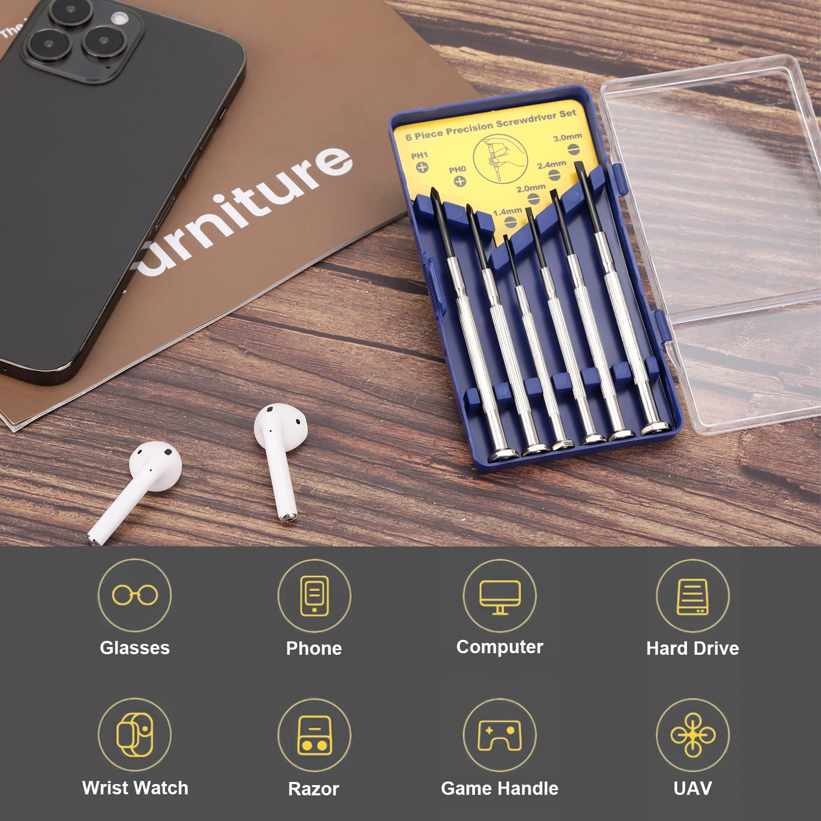 6PCS Small Screwdriver Set - SuCiiBo Premium Mini Screwdriver Set with 6 Different Size Flathead and Small Phillips screwdriver for Electronics, Jewelry, Watch, Toys, Computer Repair