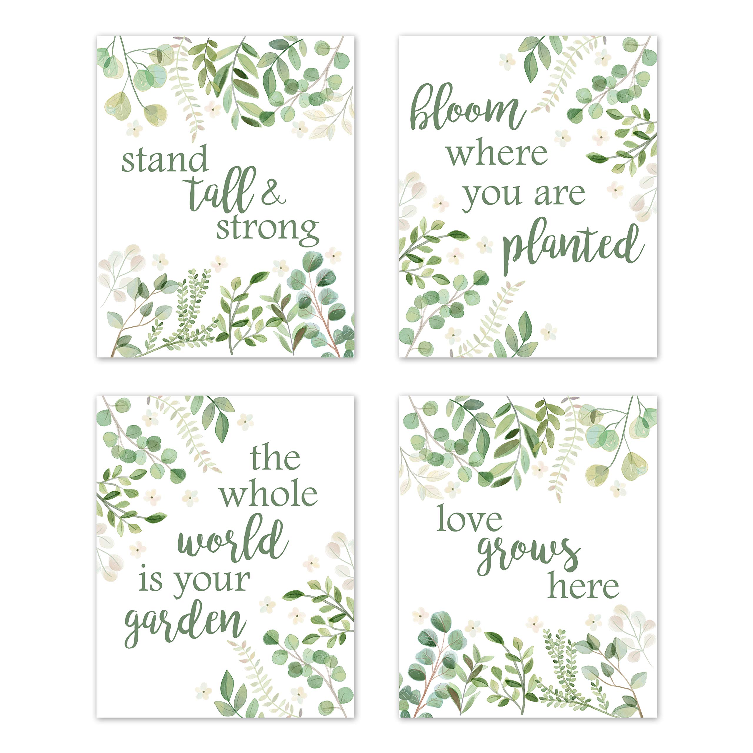 Sweet Jojo Designs Floral Leaf Wall Art Prints Room Decor for Baby, Nursery, and Kids - Set of 4 - Green and White Boho Watercolor Floral Leaf Botanical Woodland Tropical Garden