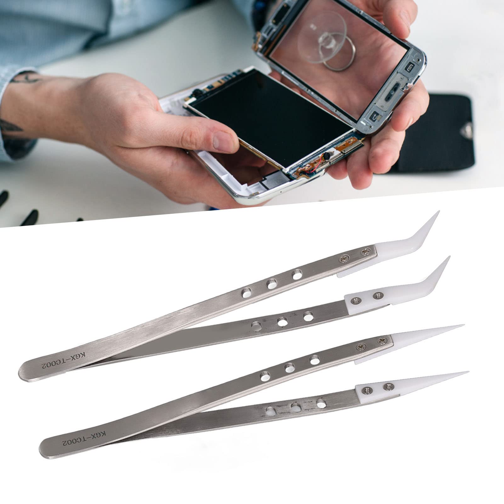 2Pcs Maintenance Tweezers, Straight Tweezers Stainless Steel Ceramic Straight Curved Tweezers Electronic Repair Tools