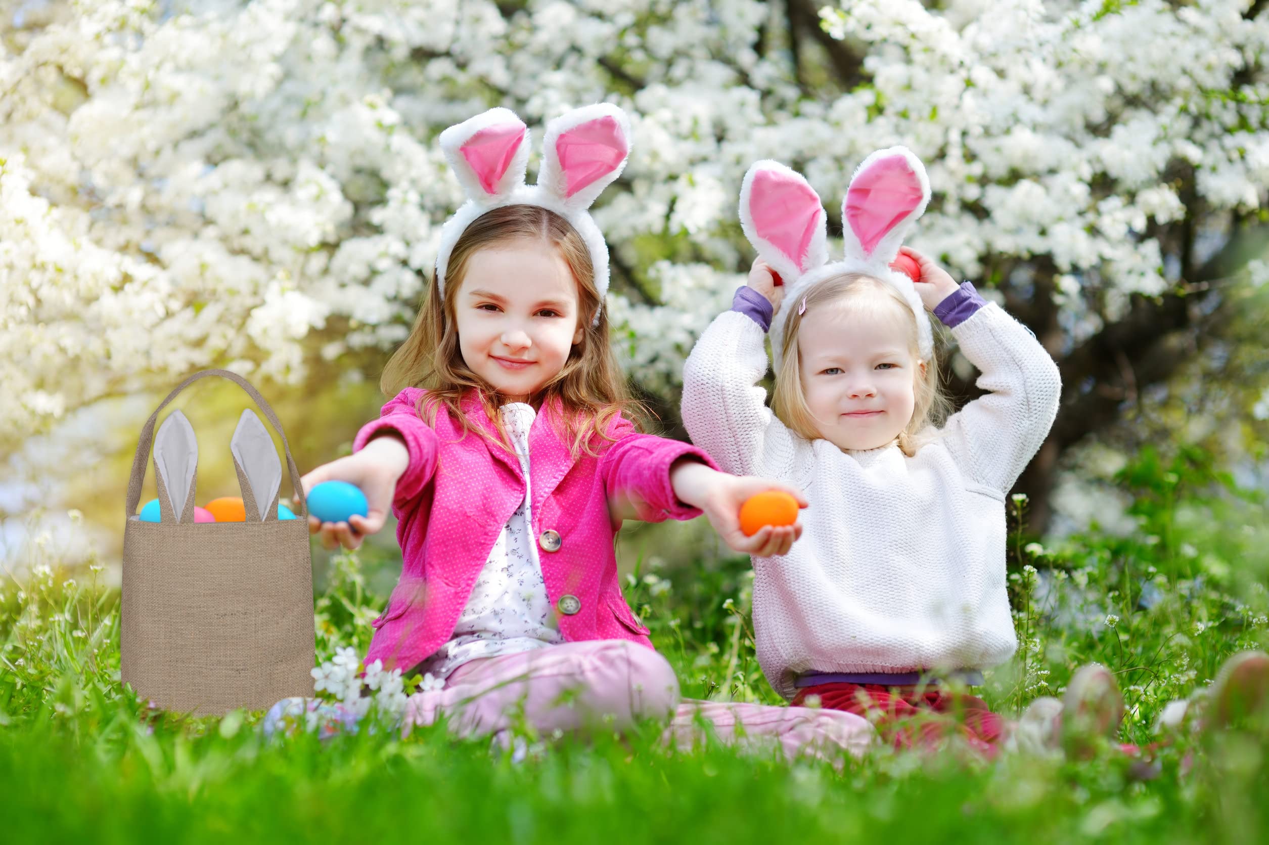 Easter Egg Hunt Basket Bag - Bunny Rabbit Ear Design - Reusable Grocery Shopping Baskets - Kids Party Gift Bags - Baby Shower & Book Storage by Jolly Jon (Burlap/White Ears)