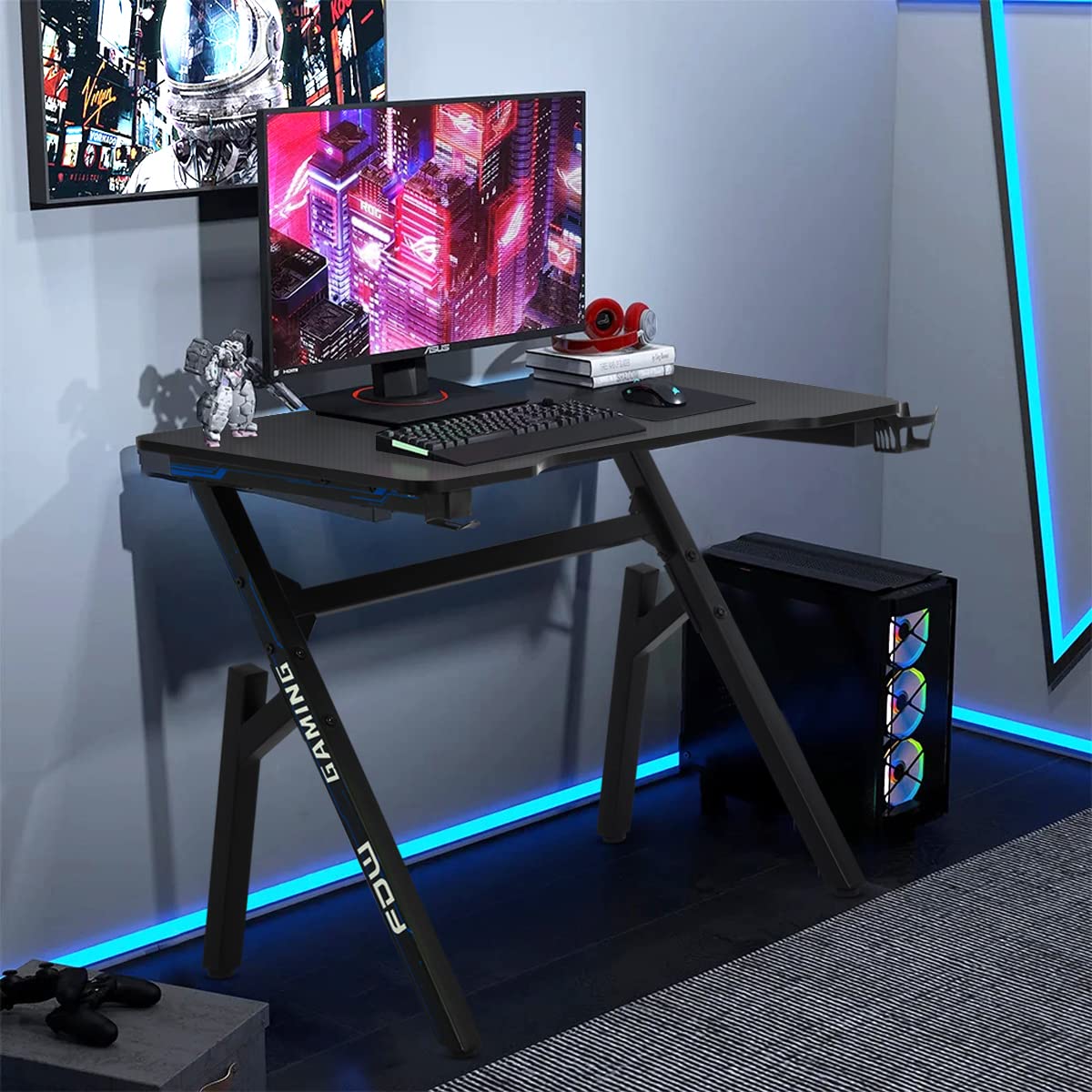 35" Gaming Desk Student Computer Desk Home Office Desk Gamer PC Workstation Large Modern Ergonomic Pc Carbon Fiber Writing Desk Table with Cup Holder Headphone Hook R Shape Table, Blue
