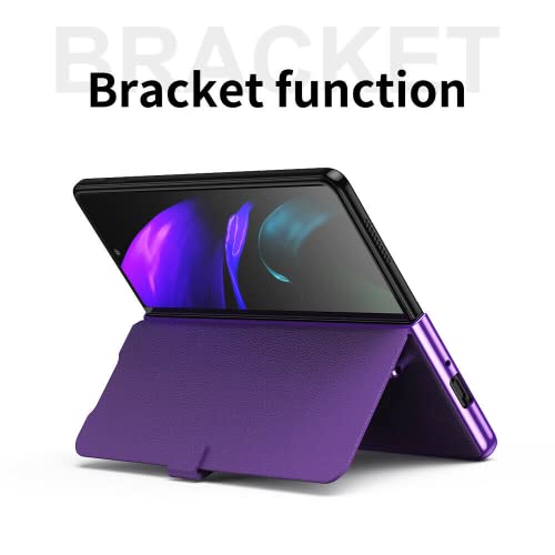 EAXER Compatible with Samsung Galaxy Z Fold 3 5G Case, Lychee Pattern Leather Magnetic Case with Pen Slot Luxury Phone Case Full Protection Cover Bumper Skin (Purple)