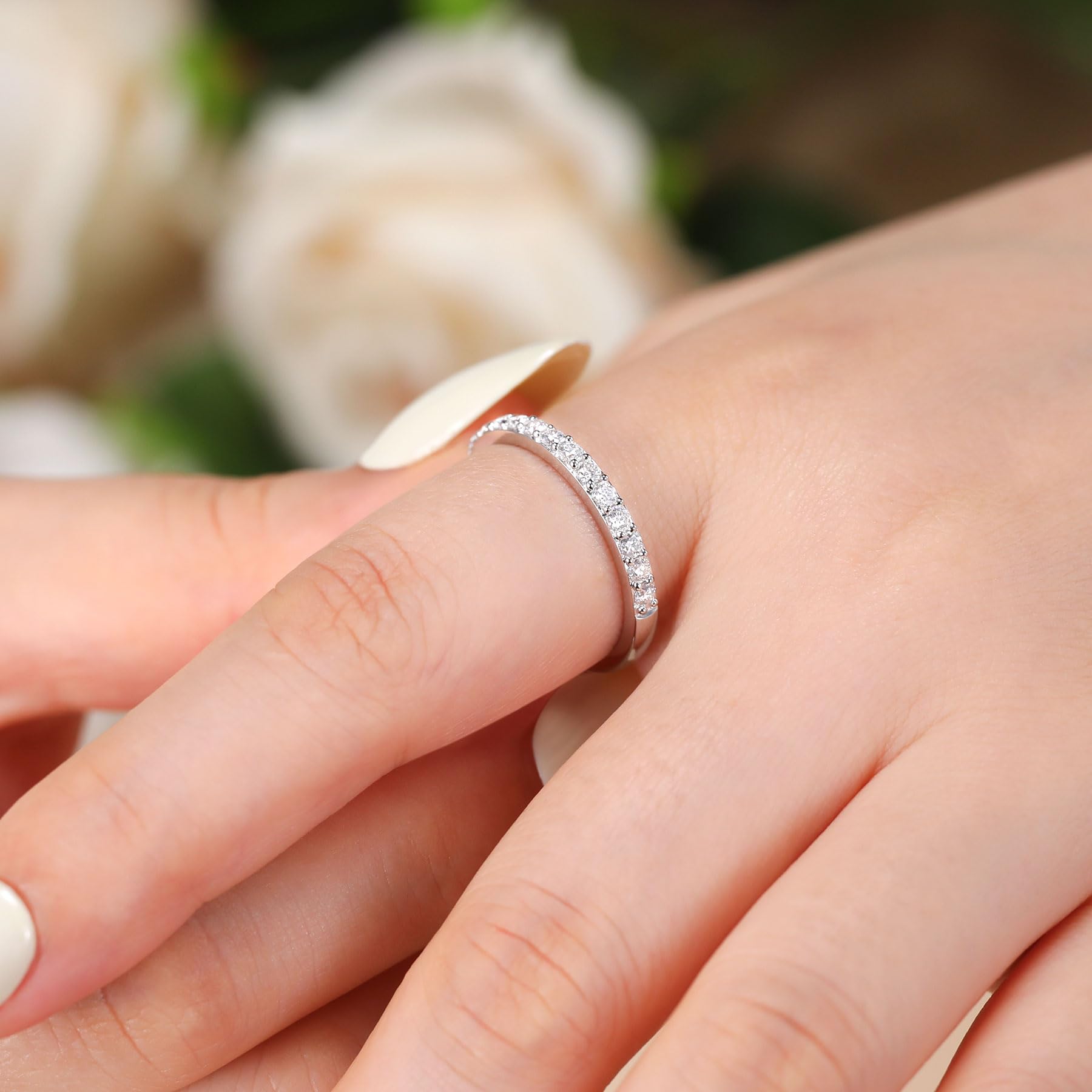 Ladylike Moissanite Wedding Band 925 Sterling Silver Wedding Rings 0.42ct D Color VVS1 Lab Created Half Eternity Stackable Anniversary Rings for Women