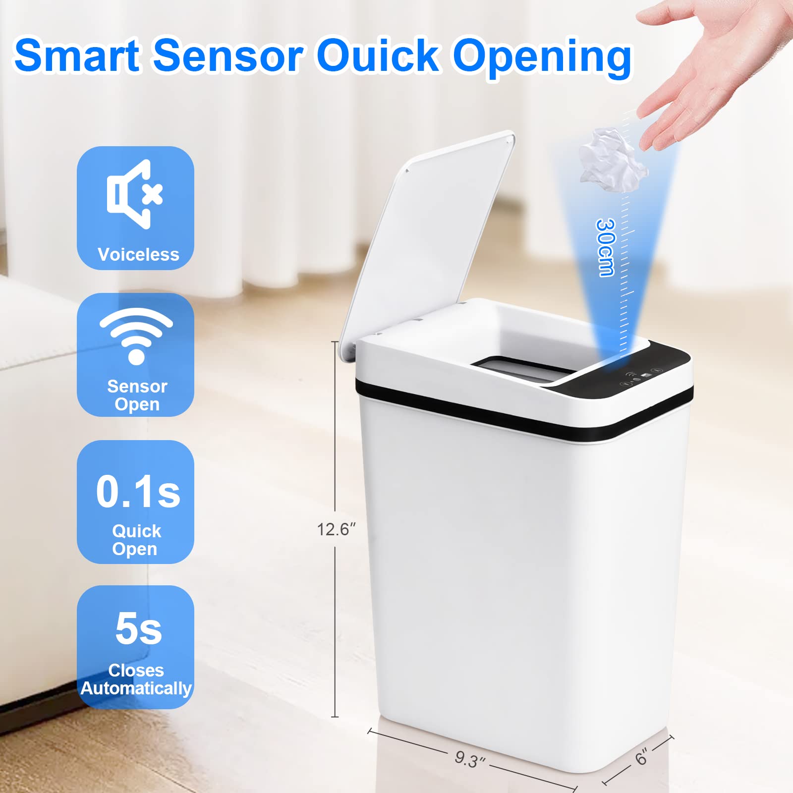 Anborry 2 Pack Bathroom Touchless Trash Can 2.5 Gallon Smart Automatic Motion Sensor Rubbish Can with Lid Waterproof Narrow Small Garbage Bin for Kitchen, Office, Living Room, Bedroom(Black+White)
