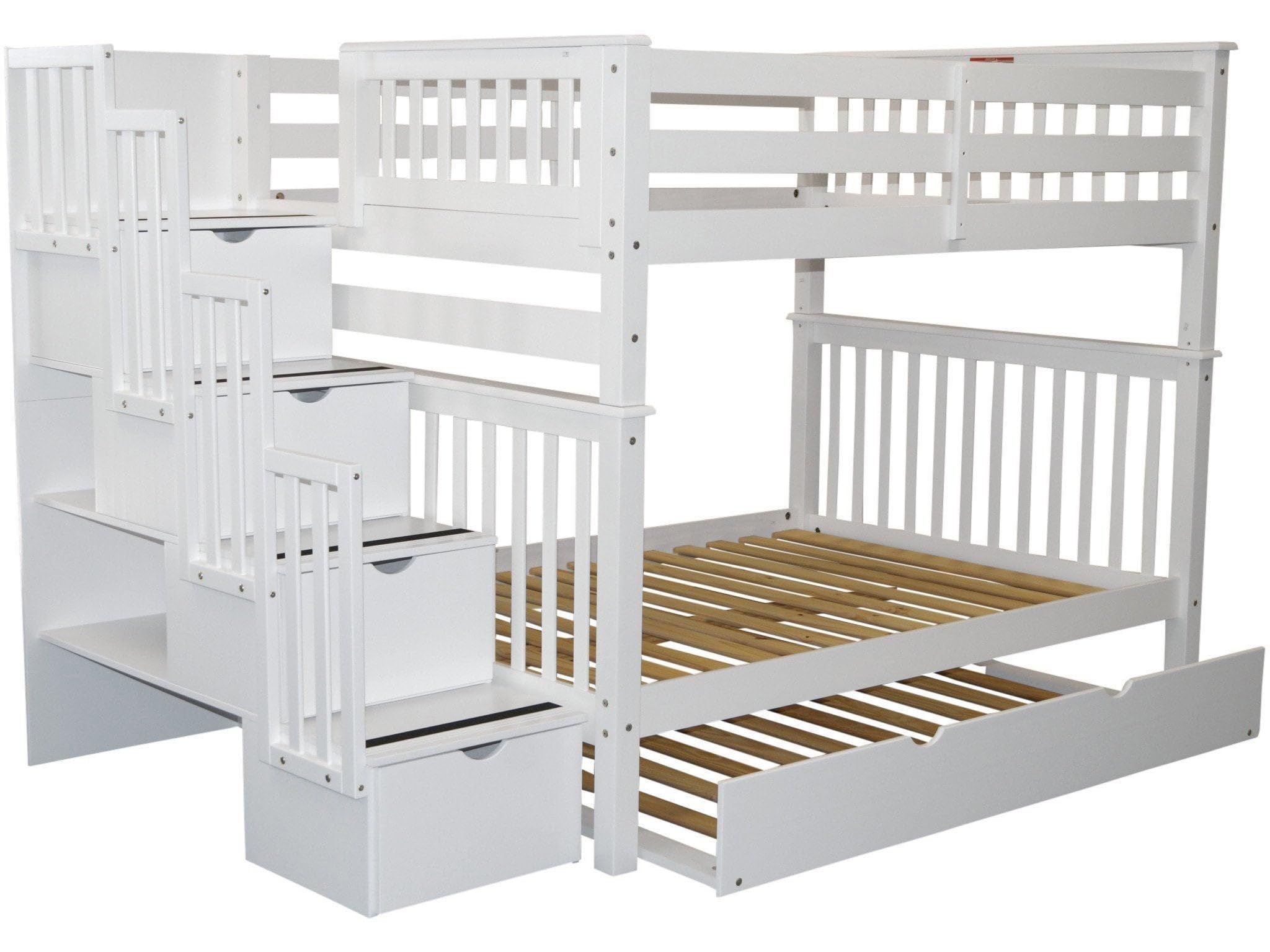 Bedz King Stairway Bunk Beds Full over Full with 4 Drawers in the Steps and a Twin Trundle, White