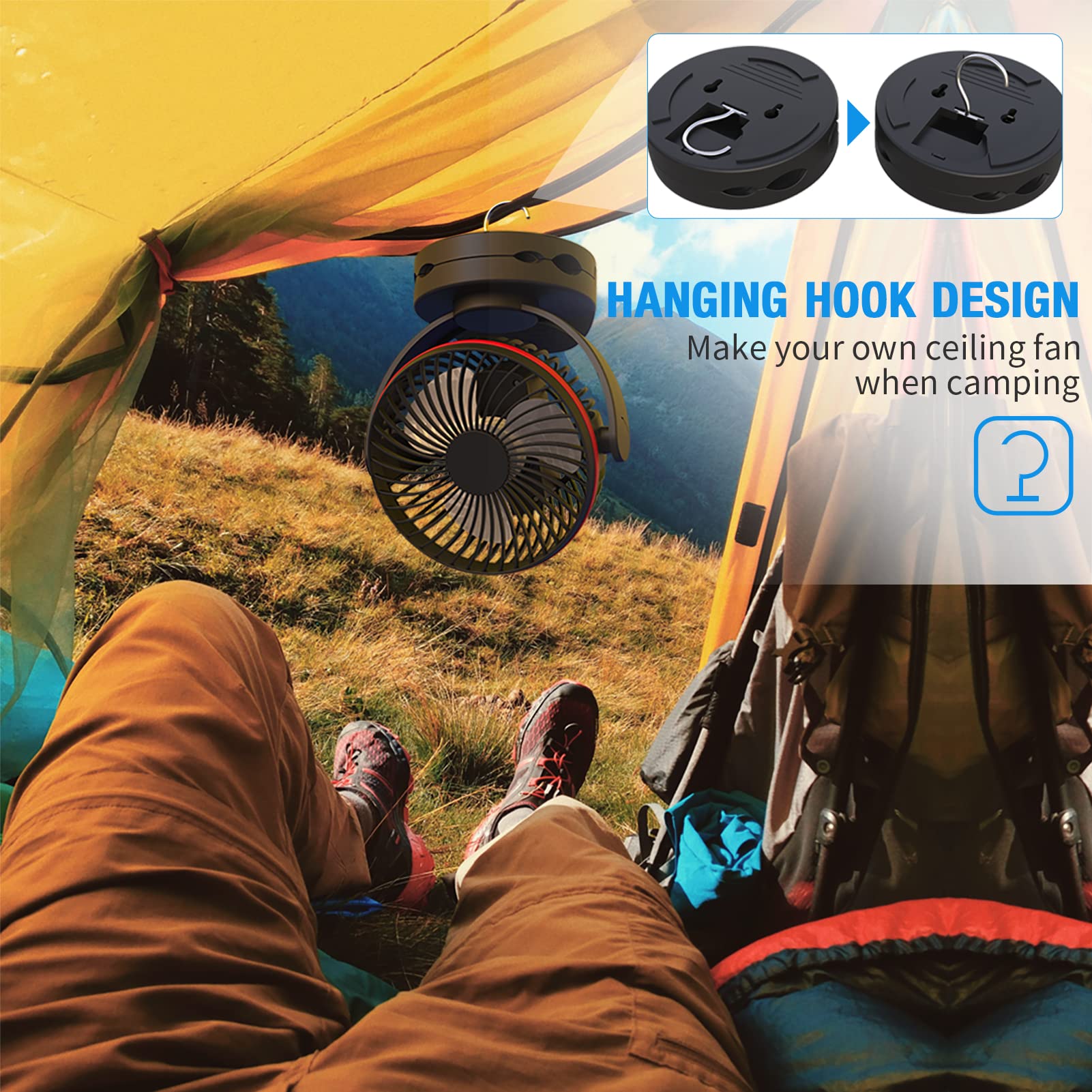 Battery Operated Camping Fan with Light, 5000mah Portable Clip On Fan, Personal Office Desk Fan For Travel Tent, Treadmill, 4 Speed, 35H, Hanging Hook, for Hurricane Emergency
