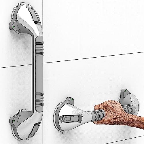 AquaChase 17“ Suction Shower Grab Bar with Indicators, Tool-Free Installation, Steady Handle for Balance Assist for Bathtub, Toilet, Bathroom, Dual Tone, Silver/Gray 2-Pack