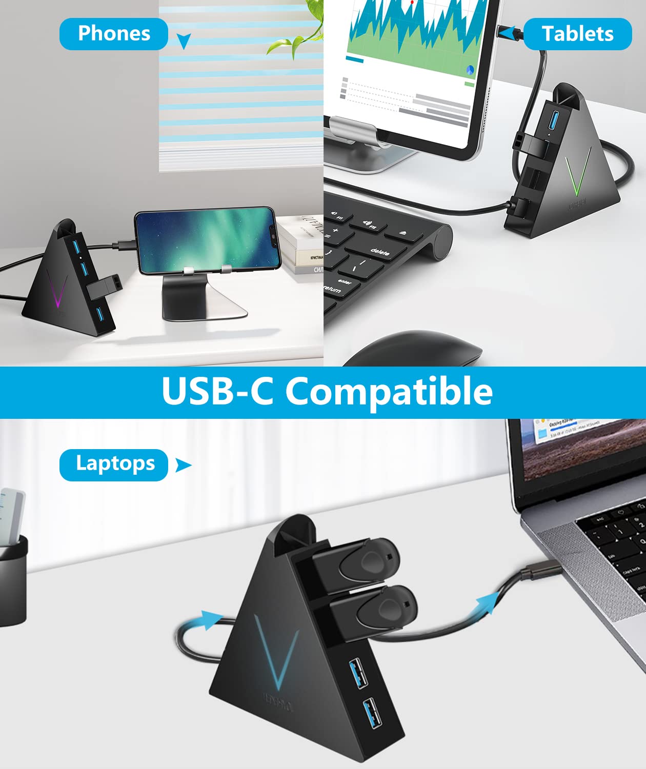 USB C Hub 4 Ports JoyReken,USB Hub Tower with 2 FT Extended Cable,Type C to USB Hub Compatible with MacBook,Mac Pro/Mini,iMac,Gaming Laptops,Surface Pro,Flash Drive,Mouse,Keyboard.(Black)