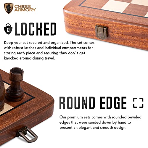 Chess Armory Premium Checkers and Chess Set - Wooden Board Game with a Portable Wood Case and Secure Storage for Pieces, Set for Kids and Adults (Sapele Wood)
