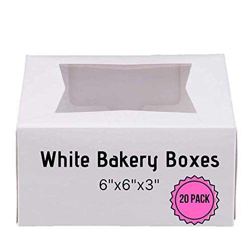 6x6x3 White Bakery Box with Window - Auto-Popup - Small Cake/Cookie/Pie Box 6x6x3 inch - (20 Pack) By Century Products