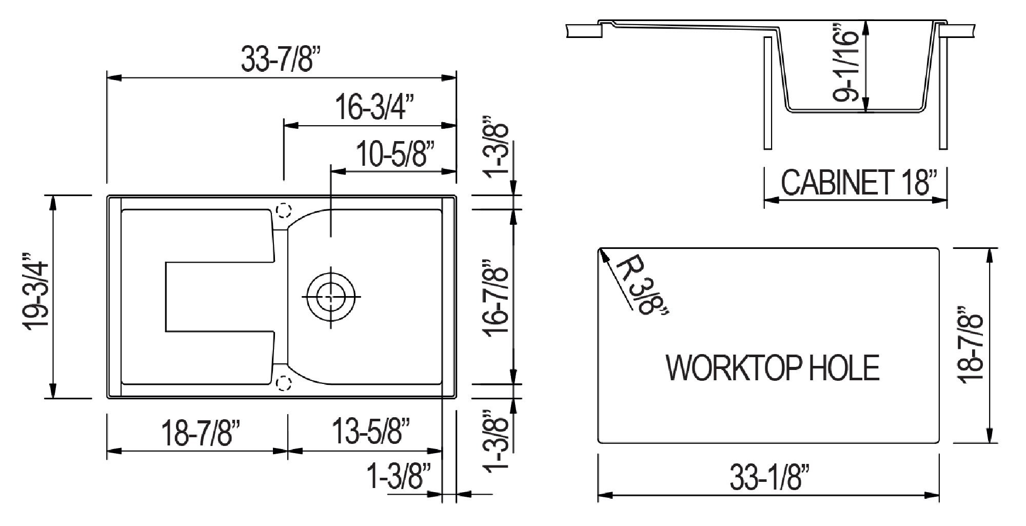 Alfi Brand AB1620DI-BLA Black 34" Single Bowl Granite Composite Kitchen Sink with Drainboard