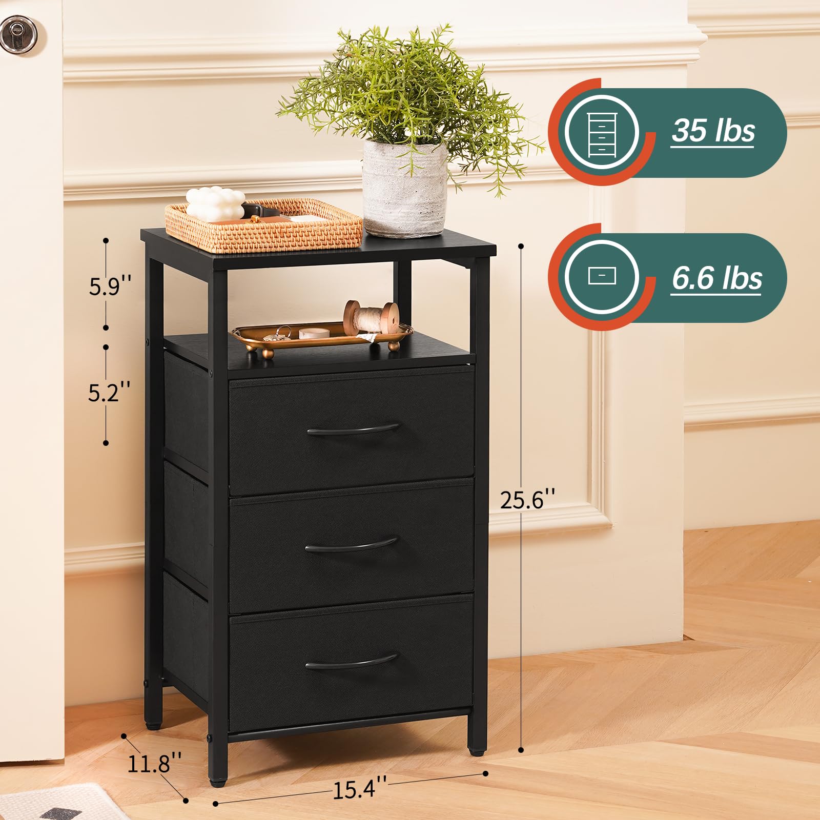 Yoobure Night Stand with Charging Station, 16 Colors LED Nightstand with USB Ports and Outlets, End Table with 3 Fabric Drawers and Storage Shelf, Bedside Tables Small Dresser for Small Space Black