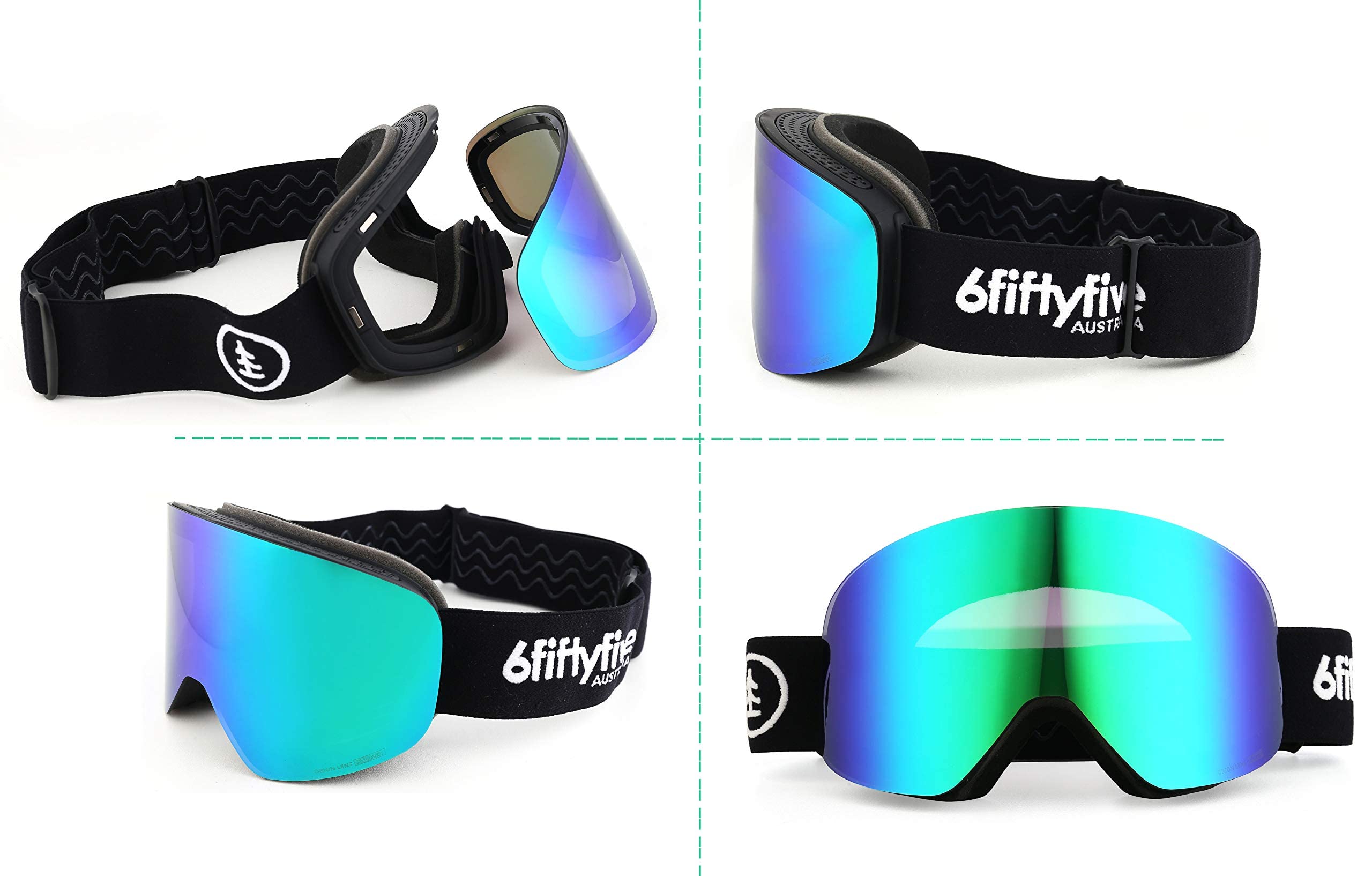 6fiftyfive - Ski Goggles Men and Women - Frameless, Full REVO Coating, Anti Fog, Magnetic Quick Change Lens, 100% UV400, OTG - Ski, Snowmobile and Snowboard