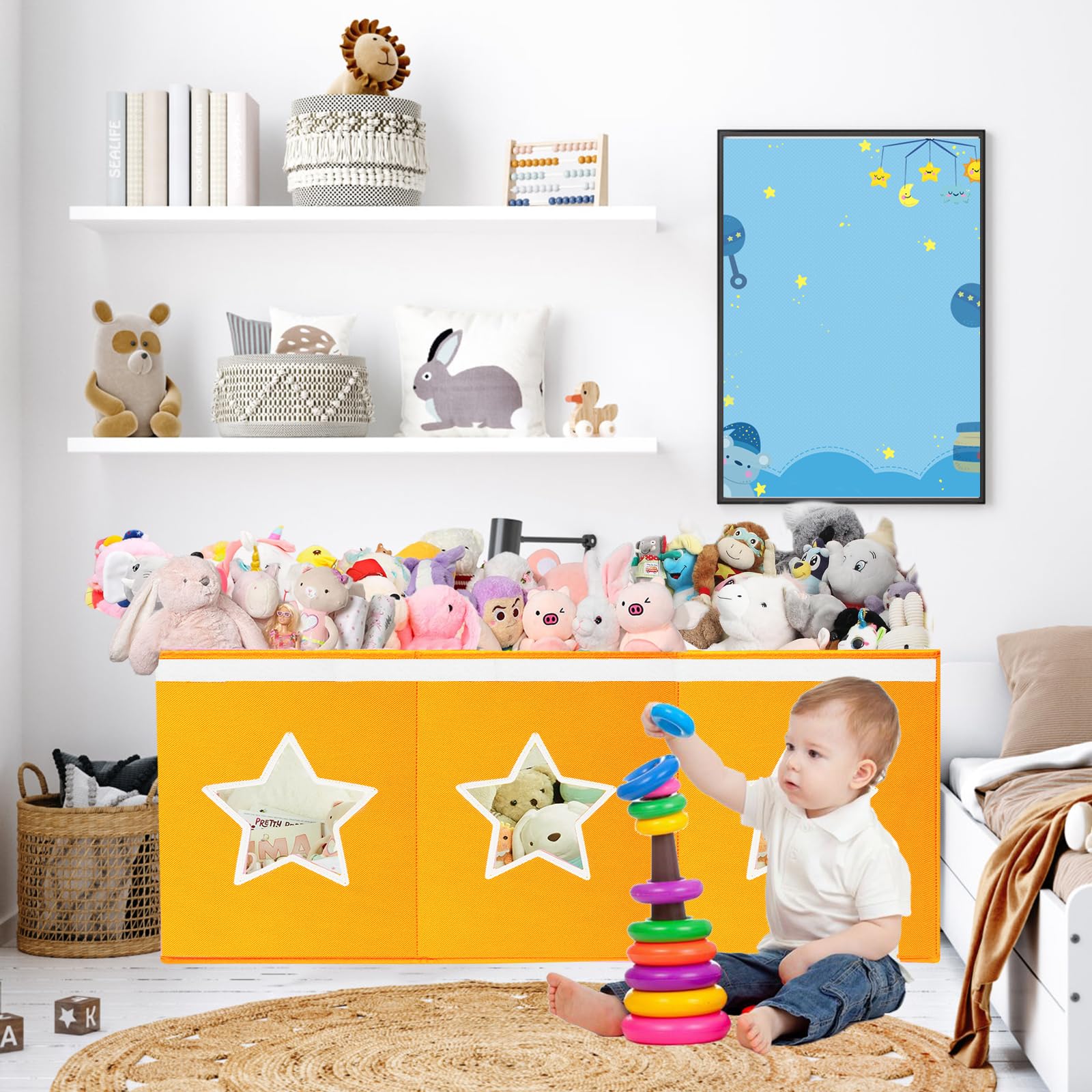 Extra Large Toy Box Chest, Toy Storage Organizer Bins with Transparent Windows, Foldable Storage Box for Kids,Boys,Girls,Toddler,Nursery Room,Playroom(Orange Srar)