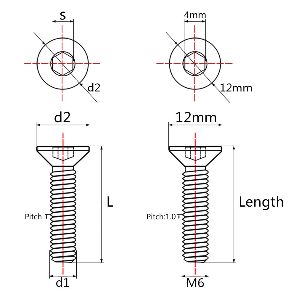 Wanyifa Titanium Ti M6x10 15 20 25 30 35 40 45mm Countersunk Flat Head Hex Socket Cap Screw Bolt pack of 4 (M6x10mm, Rainbow)