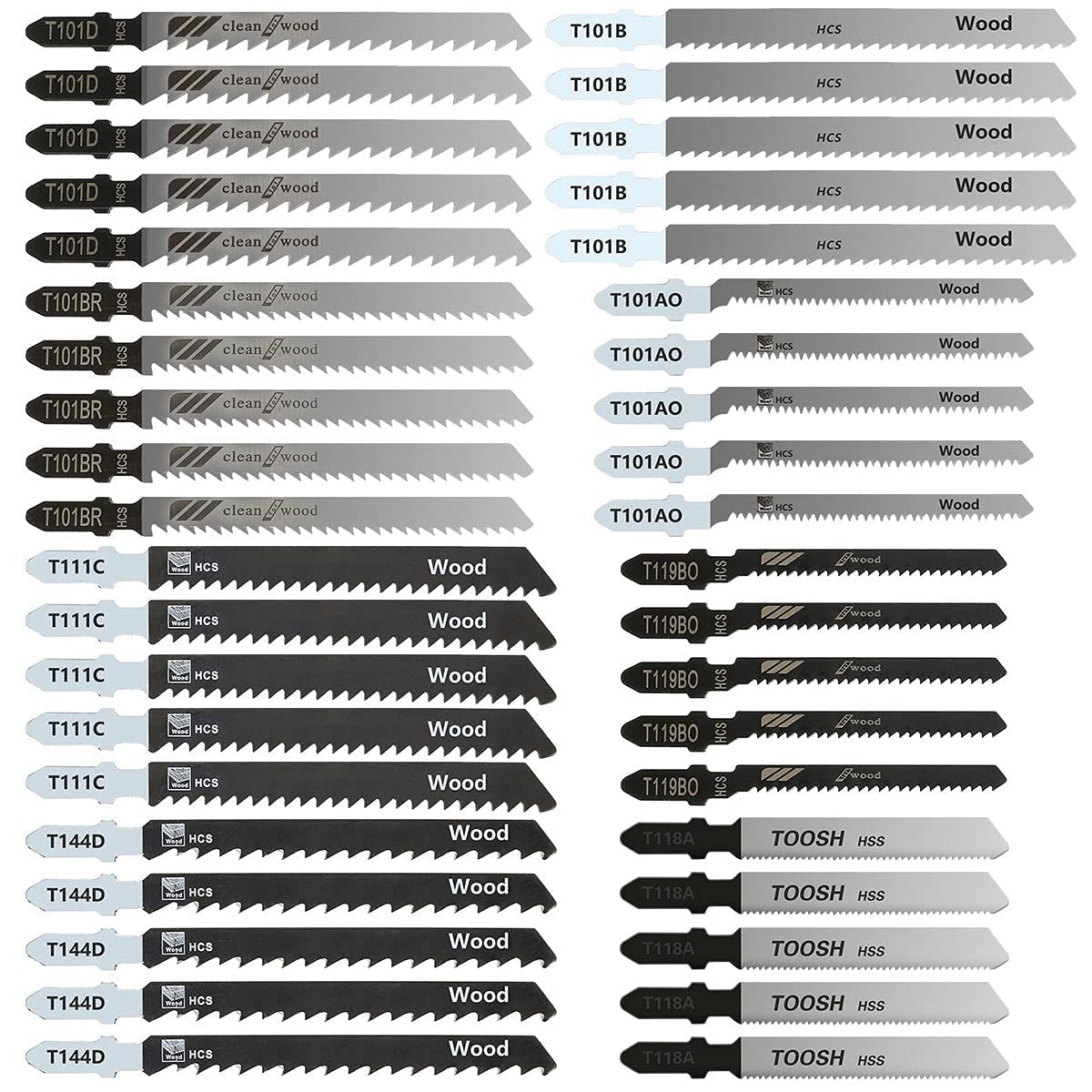40 Pcs Jigsaw Saws Blade Set, Assorted HCS/HSS T Shank Woodworking Jig Saw Blades for Wood Plastic and Metal Cutting, 5 Kinds Replace Jig Saw Blade Fit for Bosch Dewalt Compatible with Black+Decker