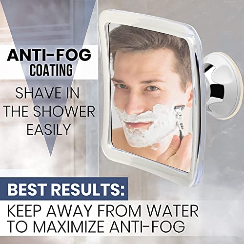 Fogless Shower Mirror for Shaving with Upgraded Suction, Anti Fog Shatterproof Surface and 360° Swivel - Includes Optional Hook Accessory To Transform Suction Mirror Into Hanging Mirror - 6.3" x 6.3"