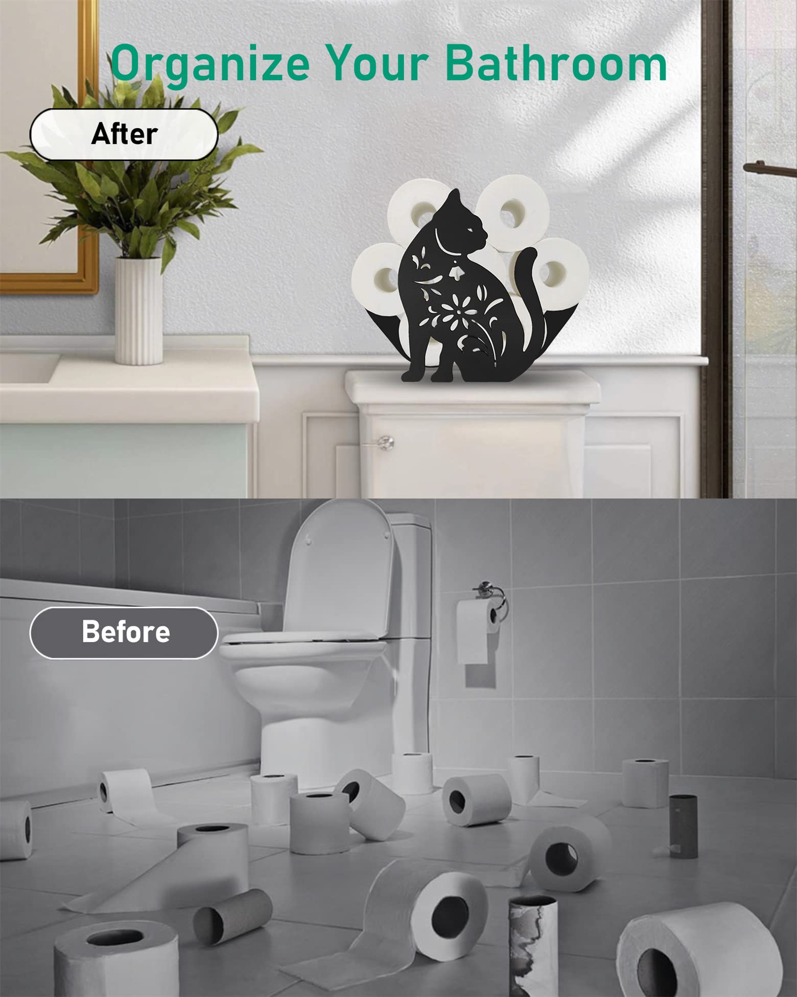 Cute Cat Toilet Paper Storage Stand Decorative, Metal Animal Bathroom Decor 8 Rolls Toilet Paper Holder, Freestanding Tissue Organizer