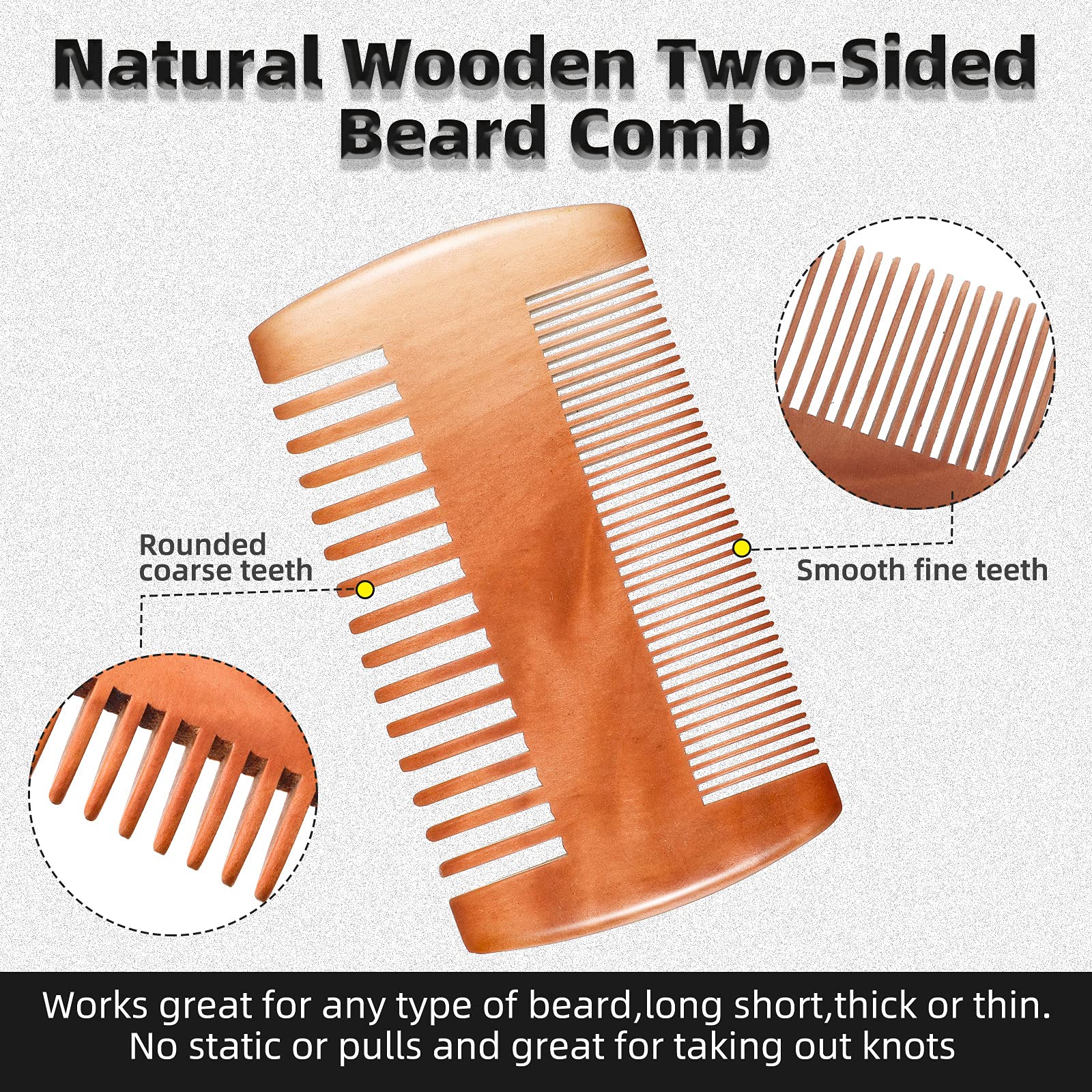 Natural Sandalwood Dual Action Beard and Moustache Combs with Faux Leather Cases (6 Pieces, Yellow, Black, Reddish Brown)