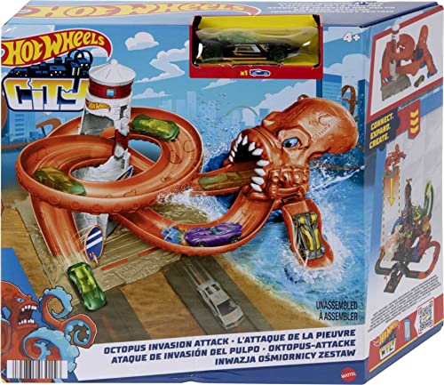 Hot Wheels Toy Car Track Set City Octopus Invasion Attack Playset, Octopus Launcher, 1:64 Scale Car