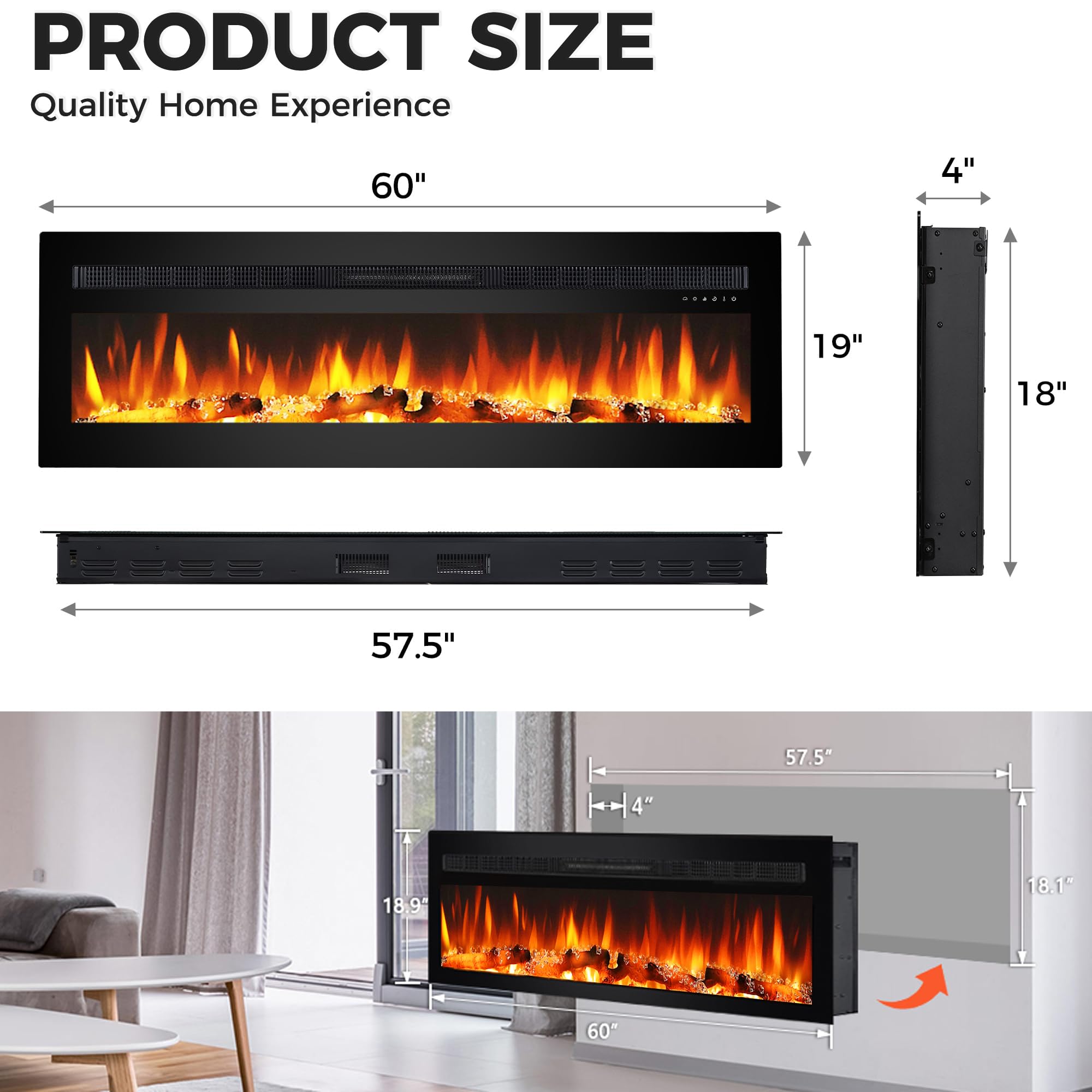 60 inches Electric Fireplace, Recessed and Wall Mounted Fireplace, Adjustable 20 Flame Colors and 5 Speeds, Remote Control & Touch Screen with Timer, Linear Fireplace W/Thermostat, Black