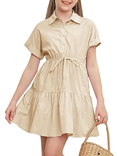 Auburet Easter Dresses for Girls Button Up Tiered Ruffle V Neck Collar Pleated Waist Cute Midi Dresses 5-18 Years Kids Beige