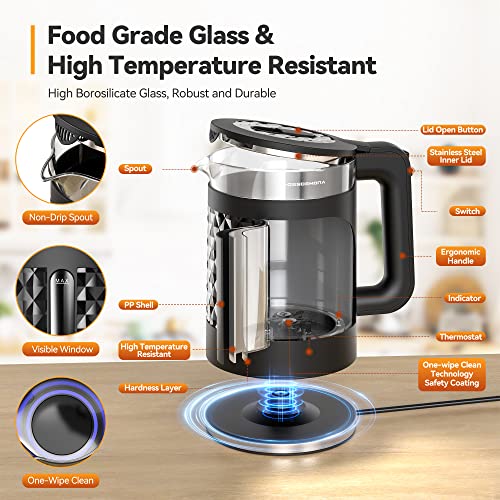 Electric Kettle, 1.7L Hot Water Kettles Upgraded One Wipe Clean Bottom, Quiet Water Boiler with LED Indicator, Glass Tea Kettles for Boiling Water, Auto Shut-Off & Boil-Dry Protection, Black