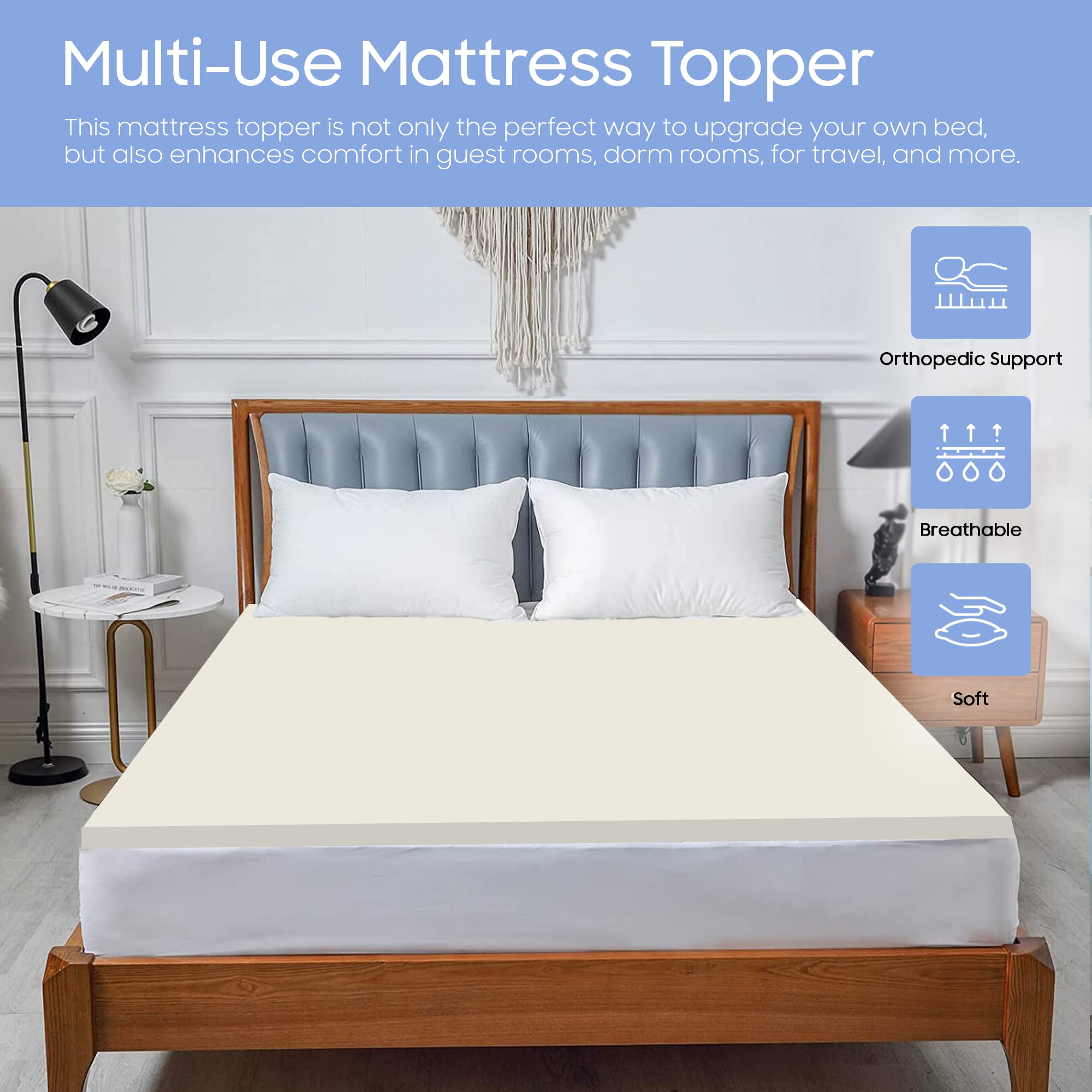 GREATON Breathable 1-inch Foam Mattress Topper with Perfect Body Support | Comfortable Mattress Topper for Ultimate Relaxation, Improves Back Pain, Heavy-Duty Structured Toppers, Queen, White