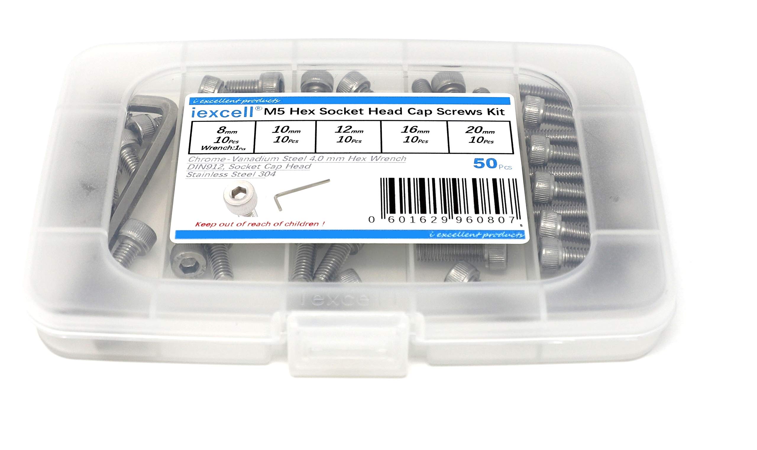 iexcell 50 Pcs M5 x 8/10/12/16/20mm Thread Pitch 0.8 mm Stainless Steel 304 Hex Socket Head Cap Screws Bolts Assortment Kit