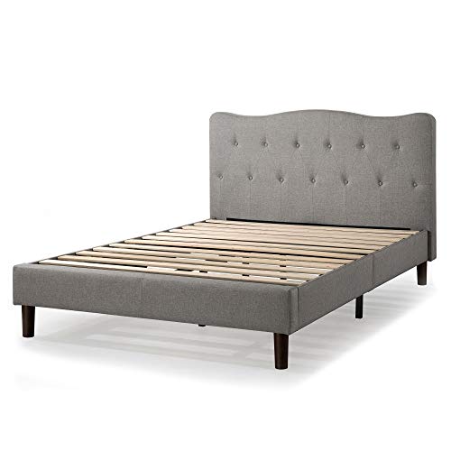 Mellow Janne Upholstered Platform Bed Modern Tufted Headboard Real Wooden Slats and Legs, Full, Classic Grey