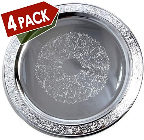 MARO MEGASTORE (Pack of 4 Traditional Round Floral Pattern Engraved Catering Chrome Plated Serving Tray Mirror Plate Silver Metal Platter Tableware Wedding Birthday (Extra Large) T139 (4-Pack (13"))