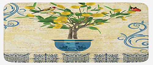 Ambesonne Vintage Kitchen Mat, Retro Style Lemon Tree in The Pot with Realistic Detailed Sparrow and Butterfly, Plush Decorative Kithcen Mat with Non Slip Backing, 47" X 19", Yellow Blue